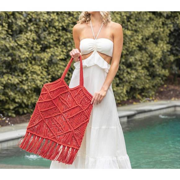 ANJU | Bags | New Anju Woven Cotton Macrame Large Fringe Bags In Rust ...